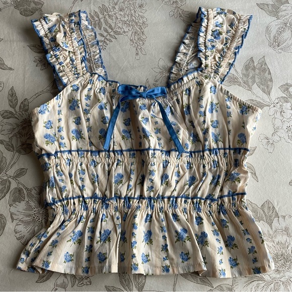 Sim & Sam | Tops | Sim Sam Cream Blue Floral Smocked Milkmaid Top Small ...